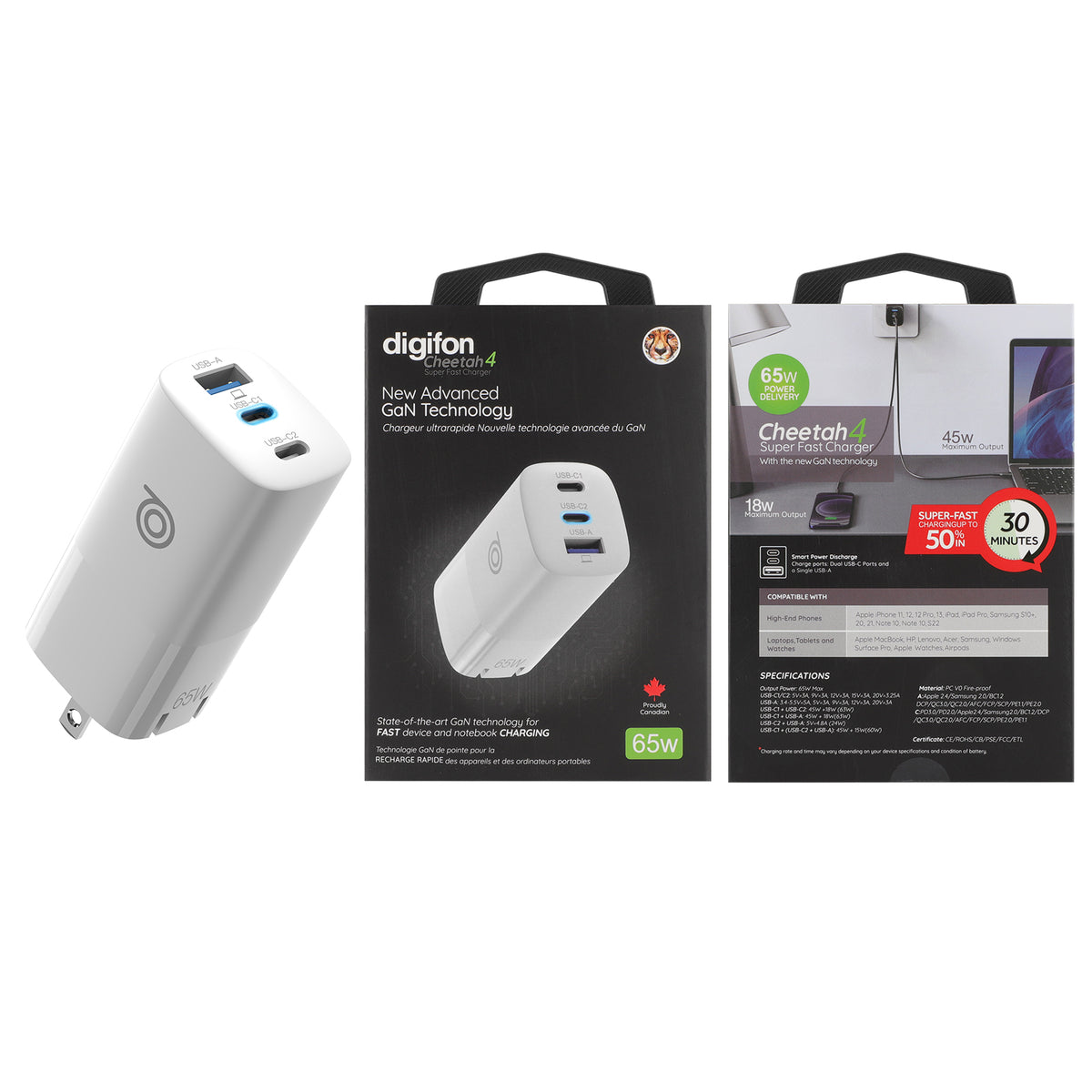 digifon Cheetah4 65W Dual USB-C & Single USB-A Port Charger